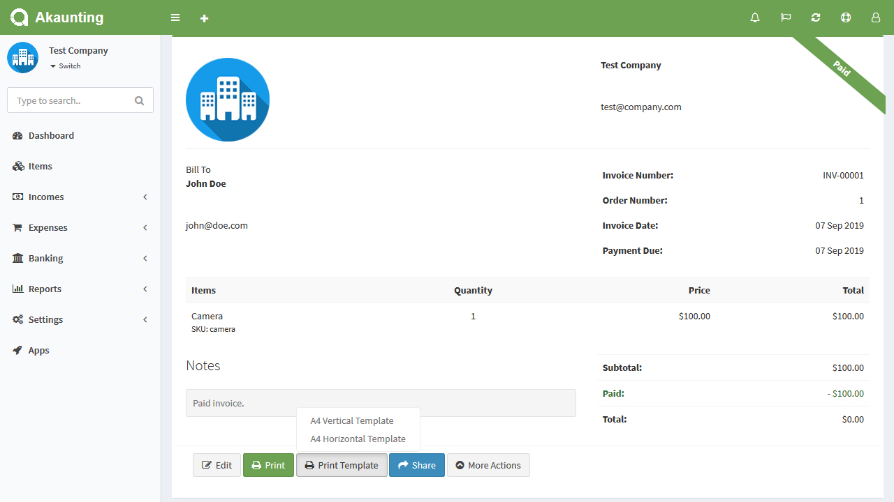 Print (Invoice) Template - Operation - App Store - Akaunting